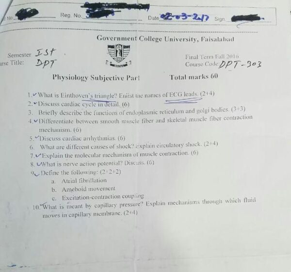 Past Paper DPT (1st Semester) 2019 Govt College University Faisalabad ...