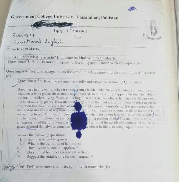 Past Paper DPT (1st Semester) 2019 Govt College University Faisalabad ...