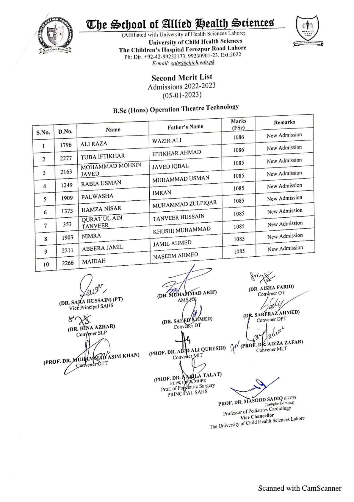 UCHS merit list 2022 -Children Hospital Lahore